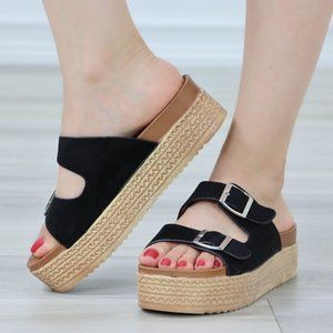 Shoes | Suede Black Double Straps Comfort Platform Sandal Slip On ...